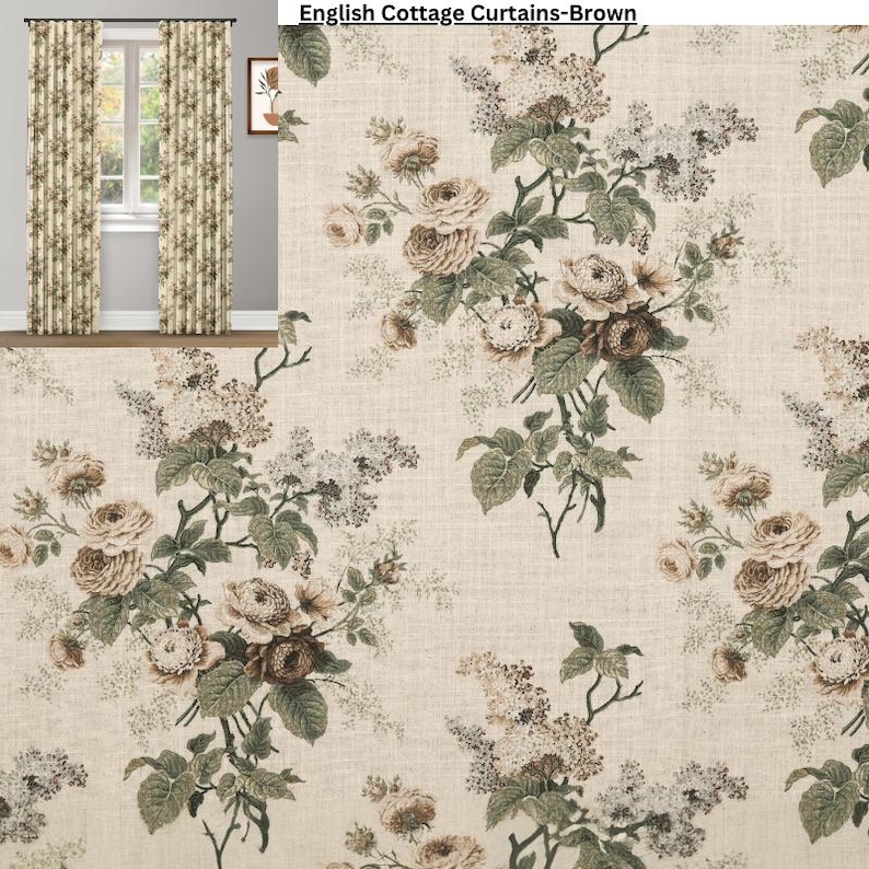 Custom Floral Curtains, English Cottage Rose Linen Drapes, Vintage ...