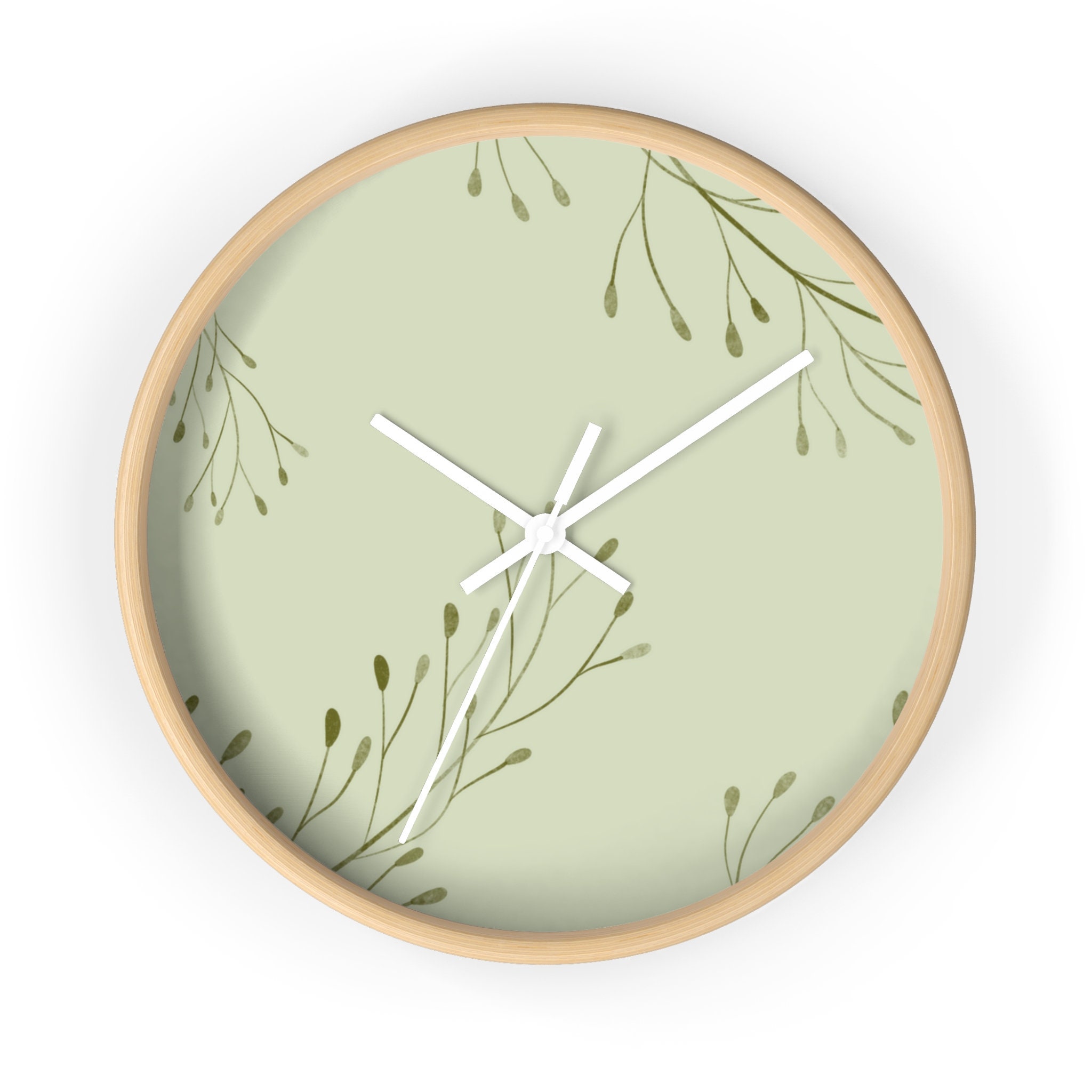 Wall Clock Sage Green Nature Theme Plants Theme Silent Motor Round Wall ...