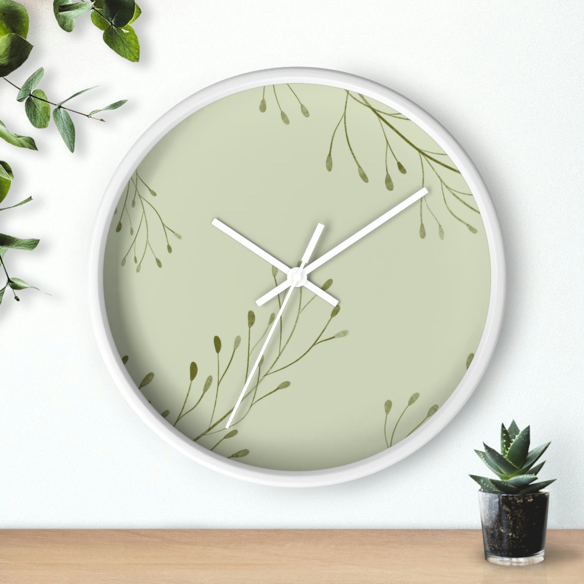 Wall Clock Sage Green Nature Theme Plants Theme Silent Motor Round Wall ...