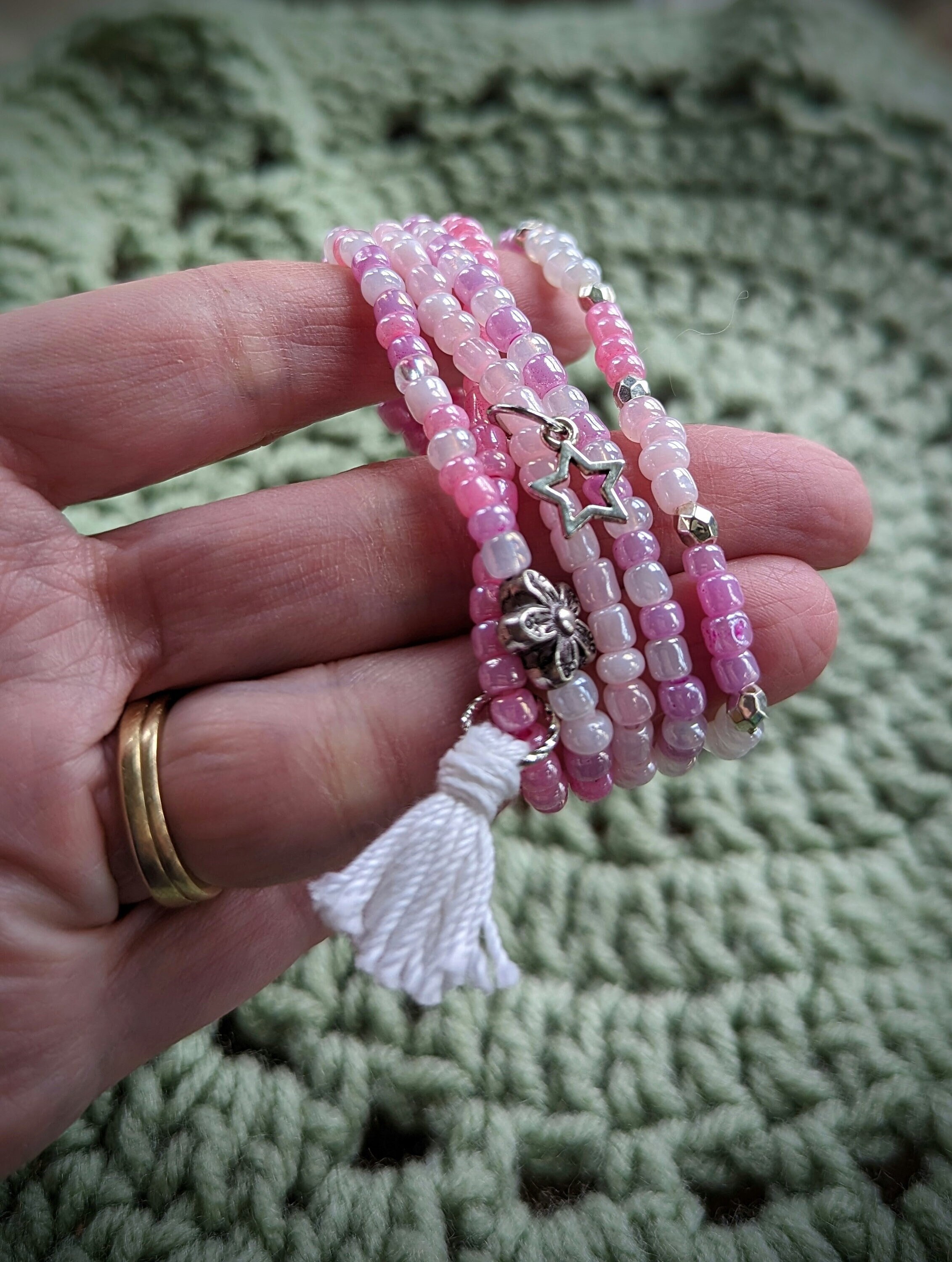 Pink Stackable Set of 5 Seed Bead Bracelets, Pink Seed Bead Charm ...