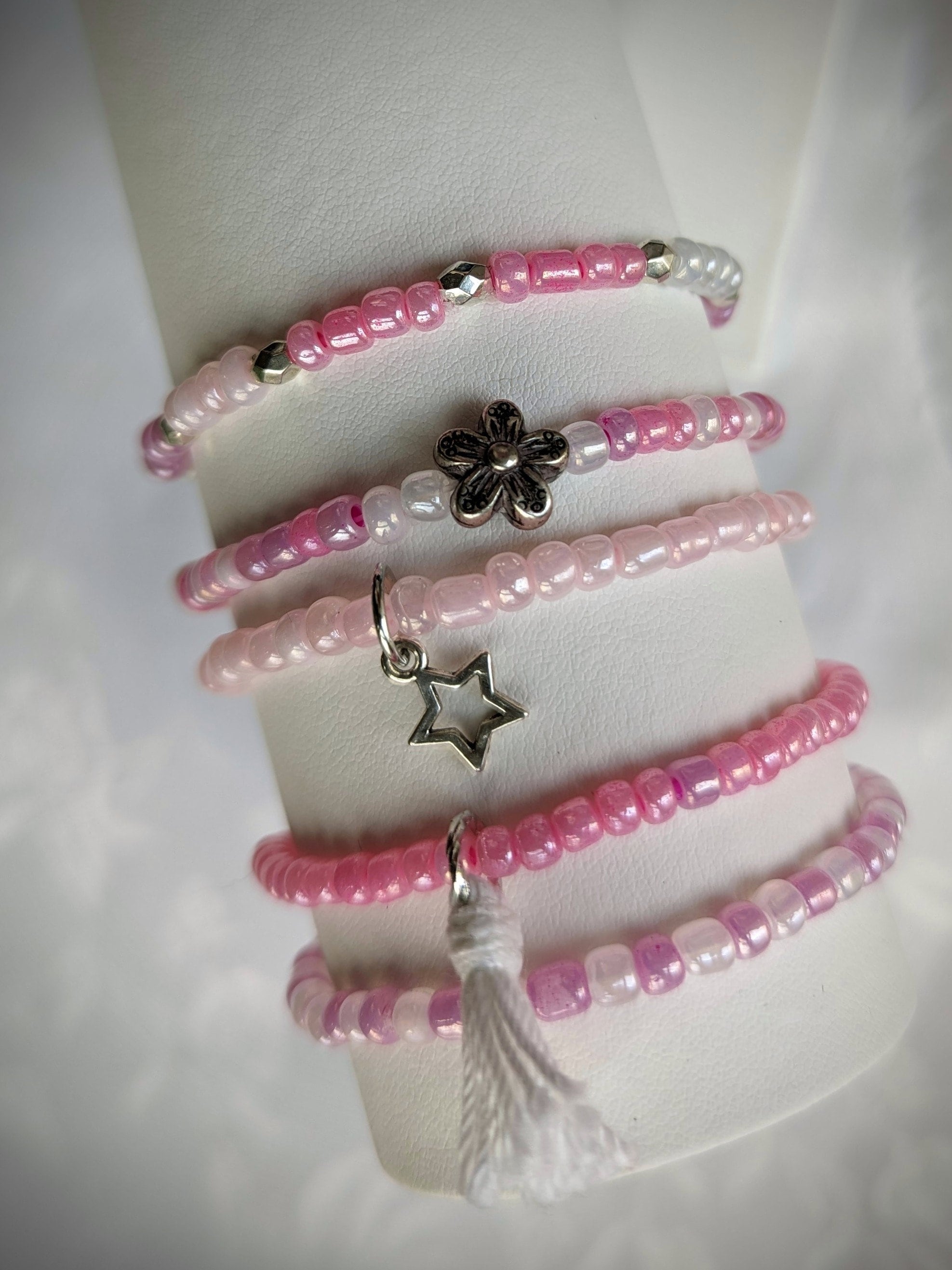 Pink Stackable Set of 5 Seed Bead Bracelets, Pink Seed Bead Charm ...