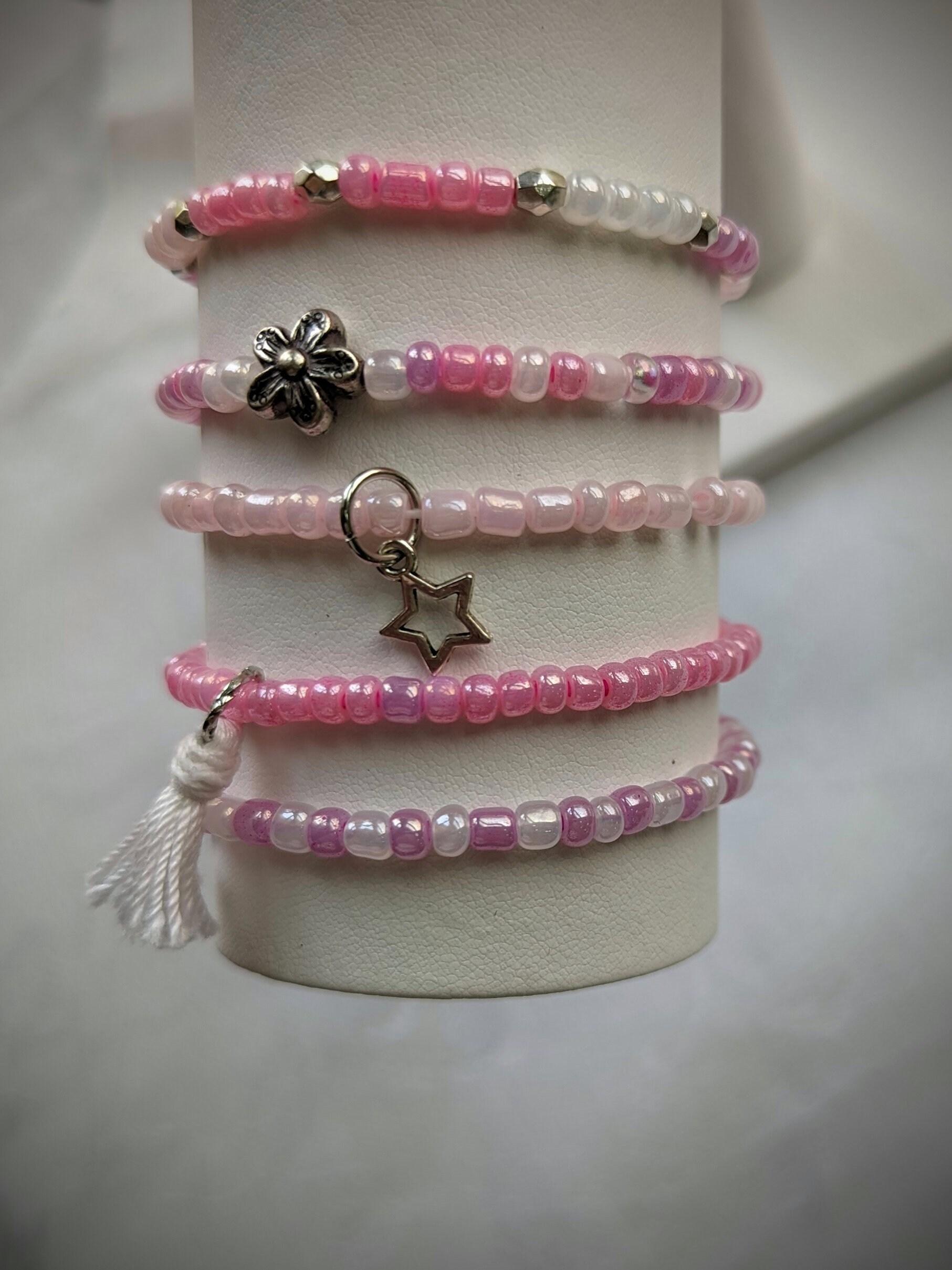 Pink Stackable Set of 5 Seed Bead Bracelets, Pink Seed Bead Charm ...