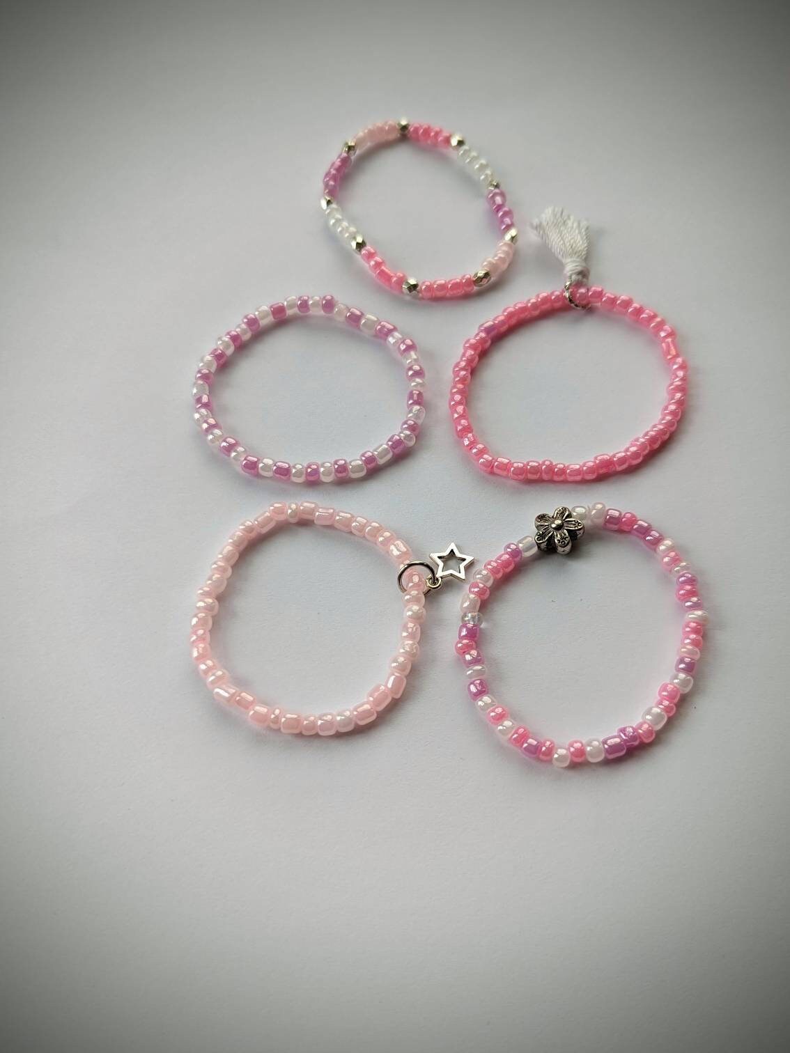 Pink Stackable Set of 5 Seed Bead Bracelets, Pink Seed Bead Charm ...
