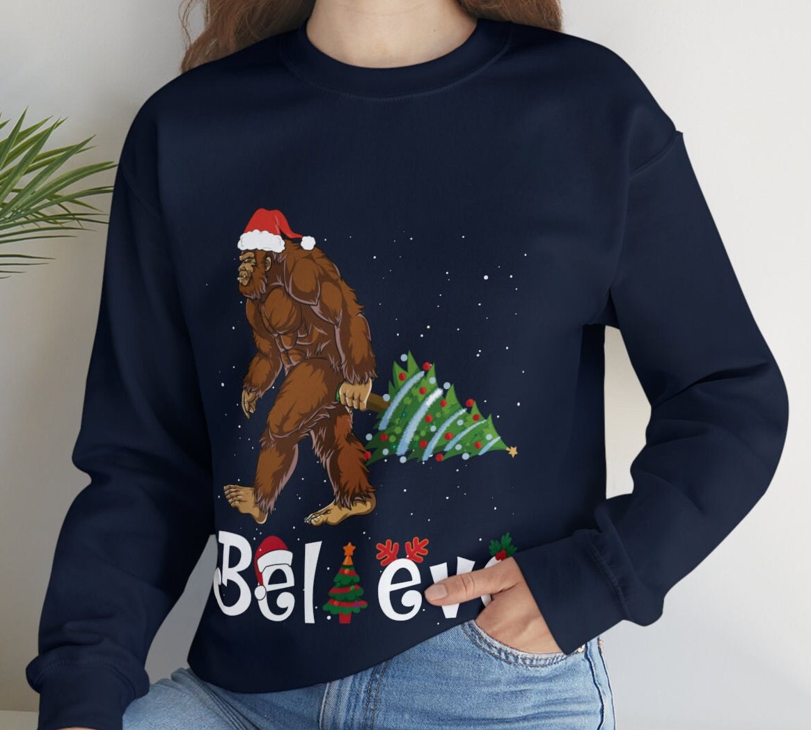 Funny Bigfoot Santasquatch Believe Christmas Tree Unisex Crewneck ...
