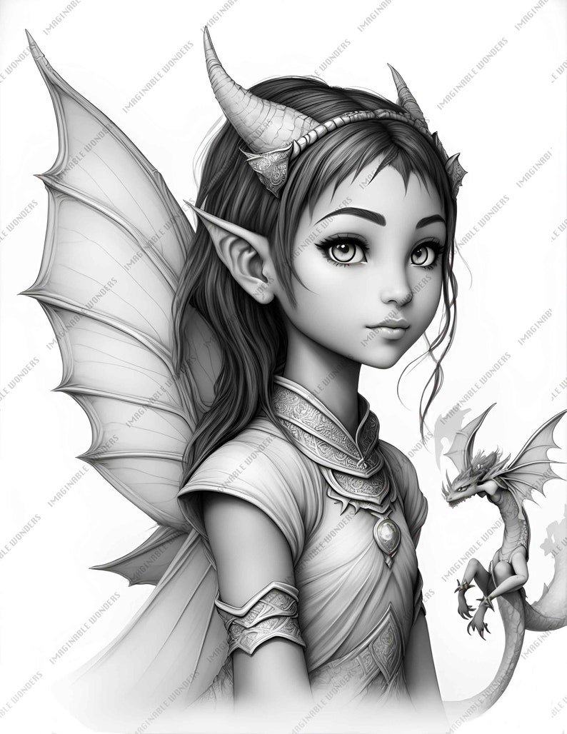 Dragon Fairy Girls Fantasy Coloring Vol. 2 Adults & Kids Grayscale ...