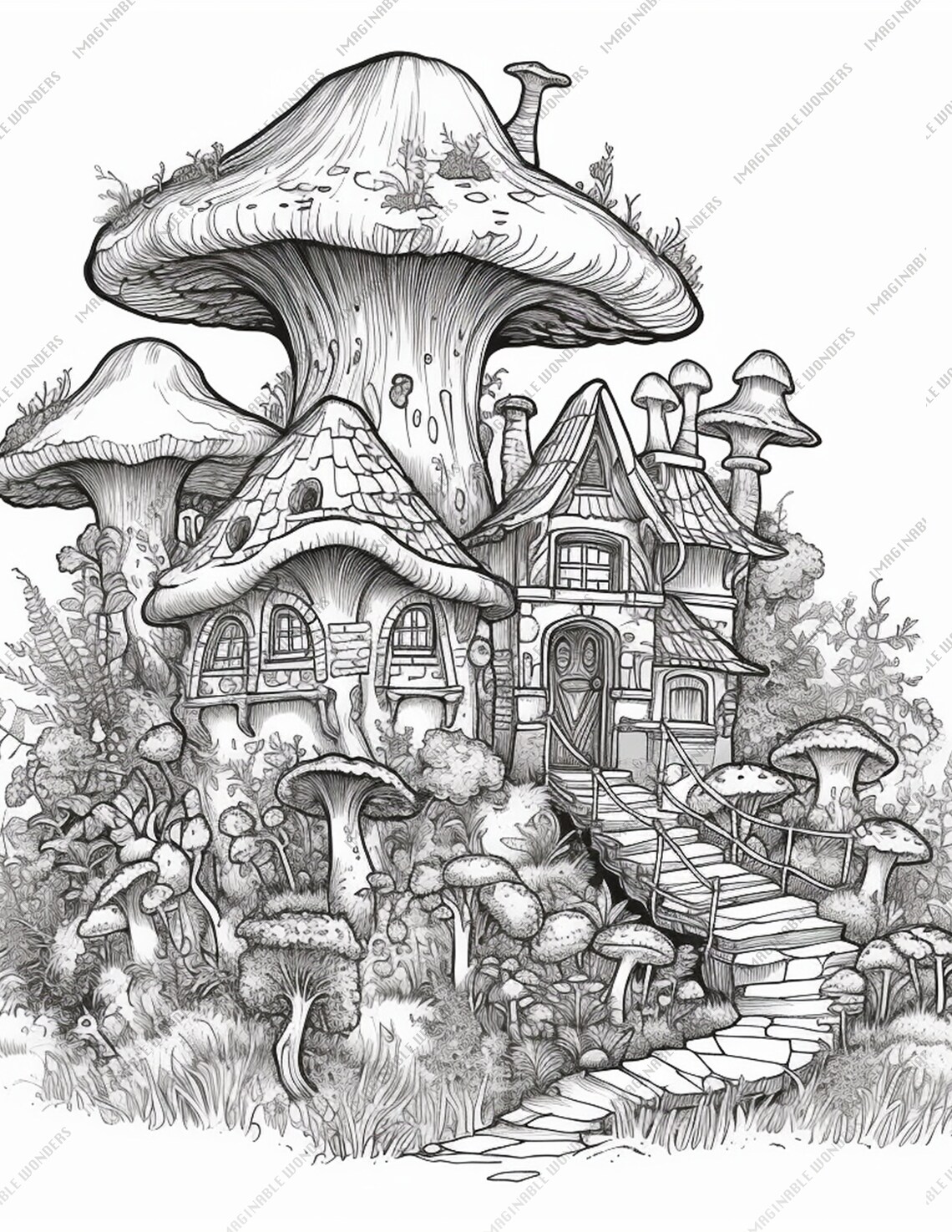 Mushroom Houses Fantasy Coloring Book 1 Adults & Kids Coloring Pages ...