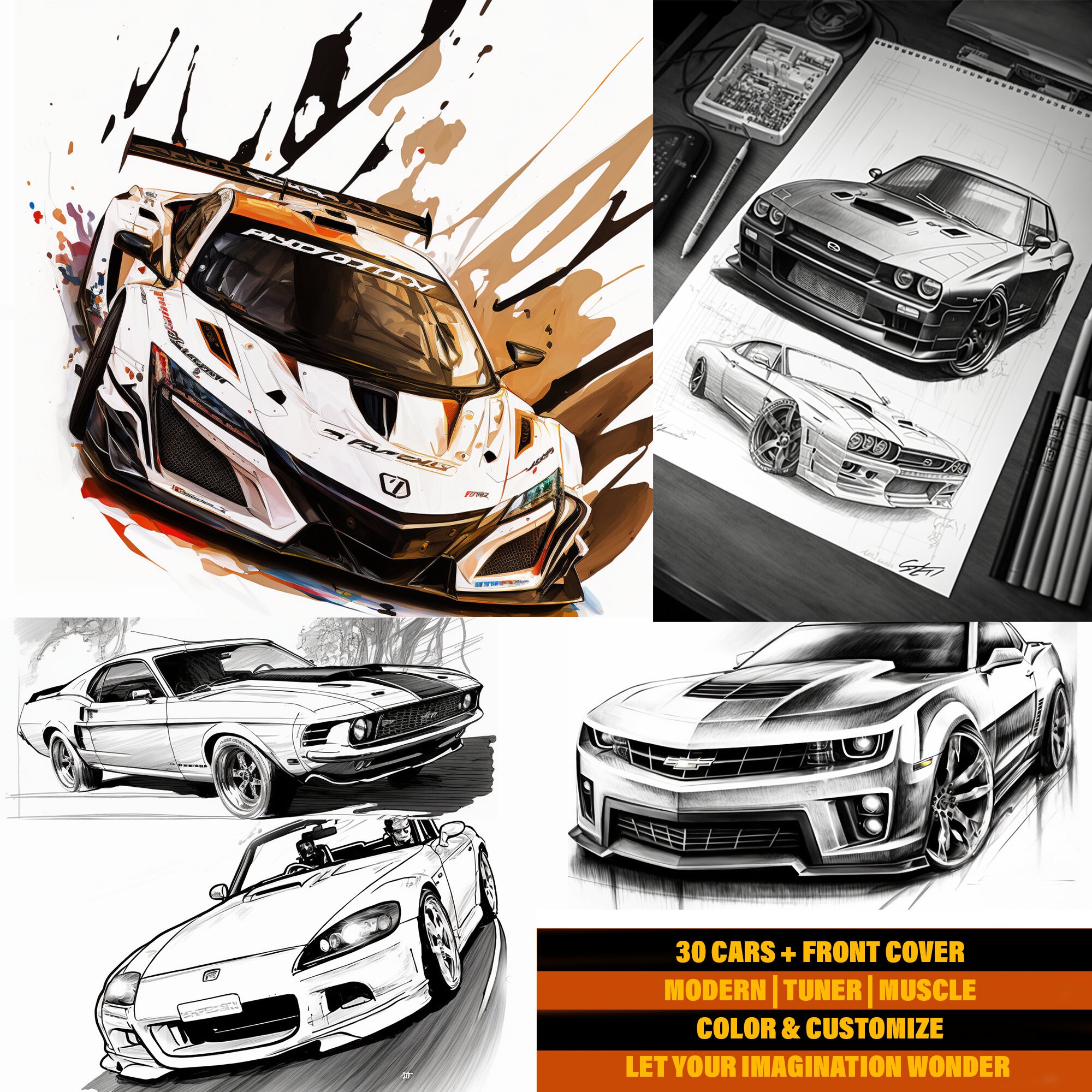 Detailed Car Coloring Book 1 Adult & Kids, Grayscale/sketch Coloring ...
