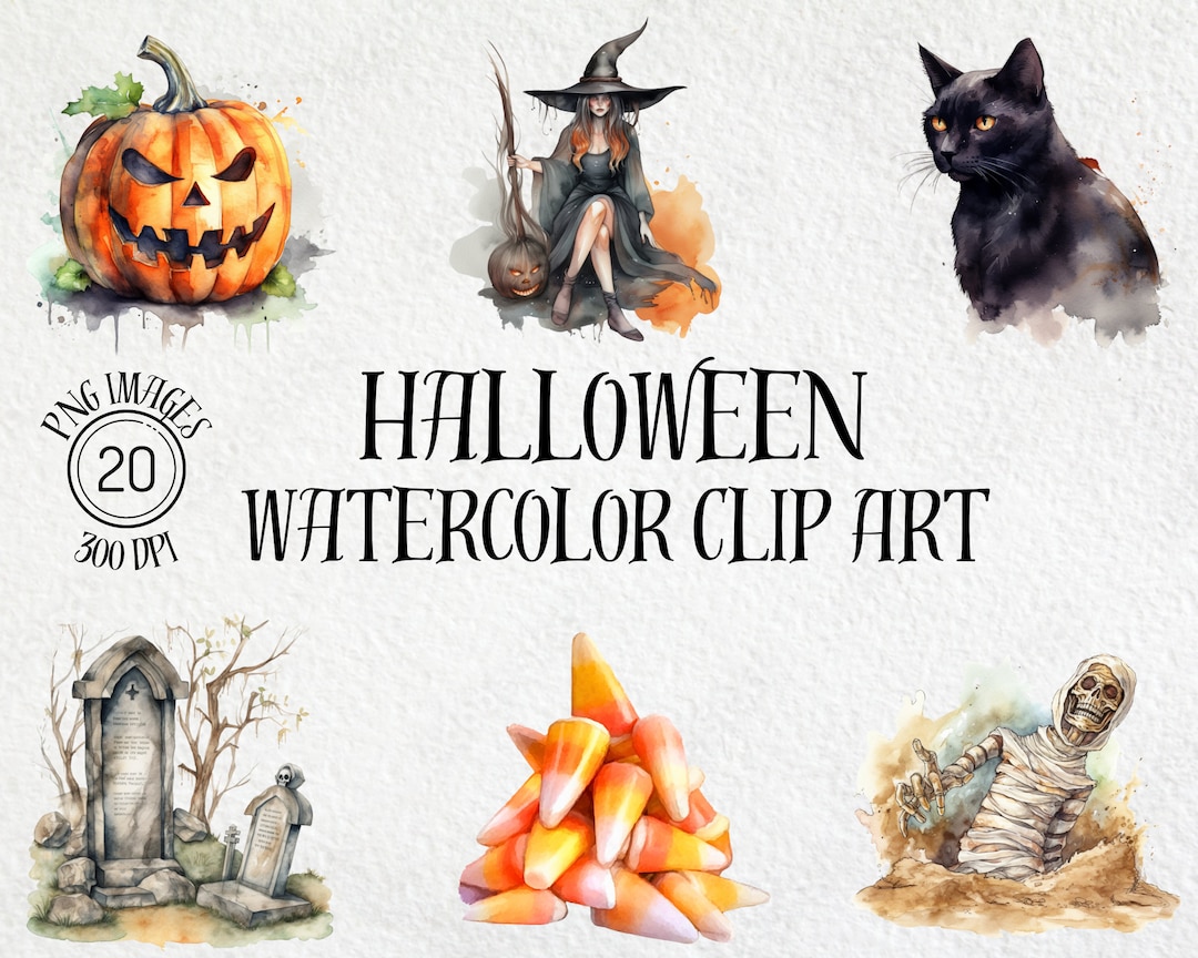 Watercolor Halloween Clipart Bundle, Spooky PNG Images (digital ...