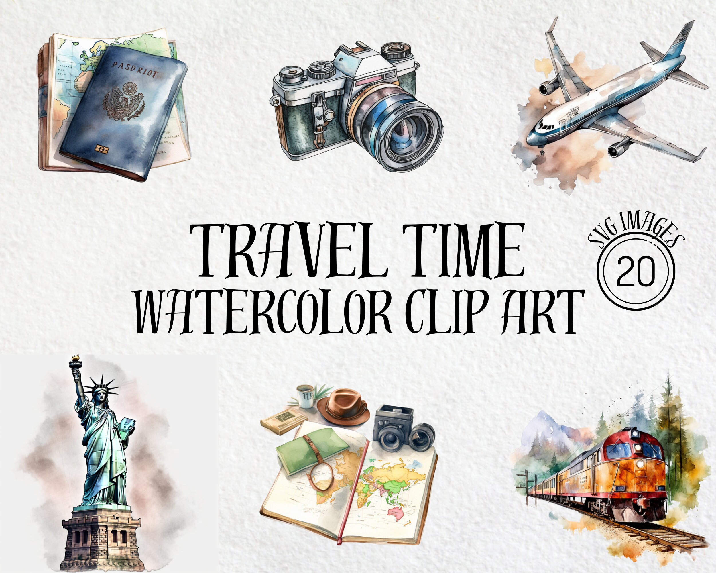 Watercolor Travel Clip Art Bundle, Vacation SVG, Travel Svg, Travel ...
