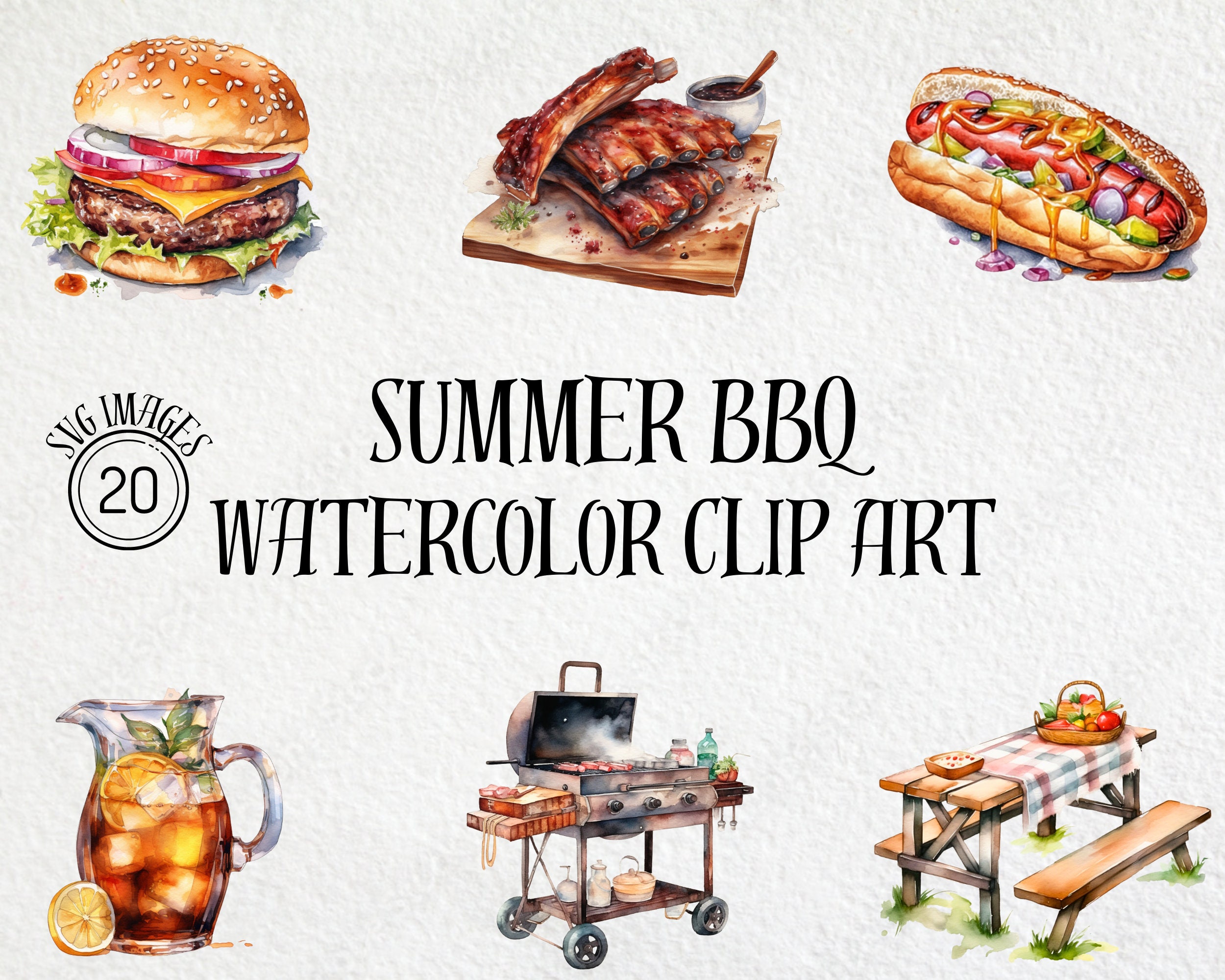Summer Watercolor Clip Art Bundle, BBQ Svg, Summer Clip Art, Barbecue ...