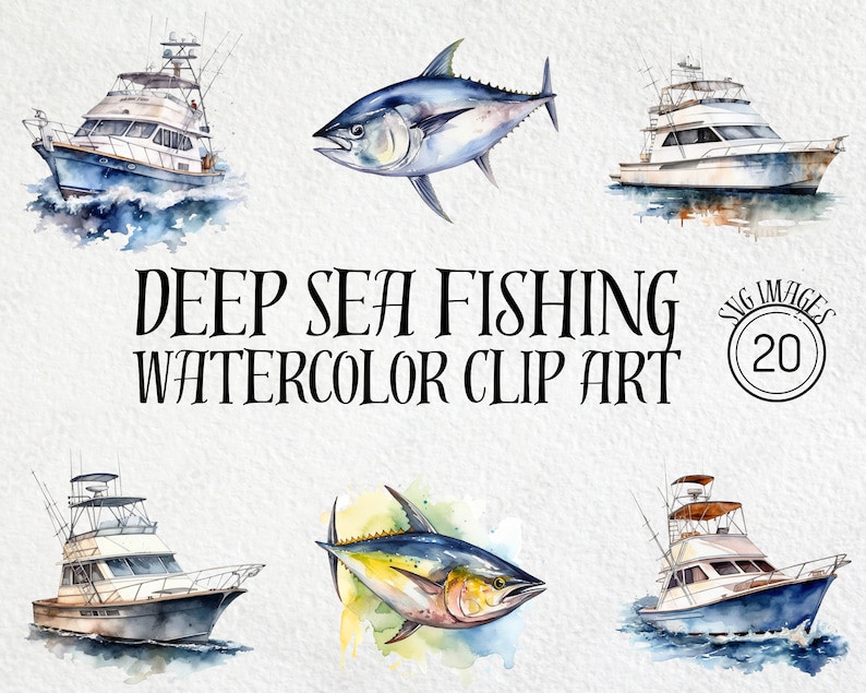 Deep Sea Fishing Clip Art, Watercolor Clipart, Fishing SVG, Deep Sea ...
