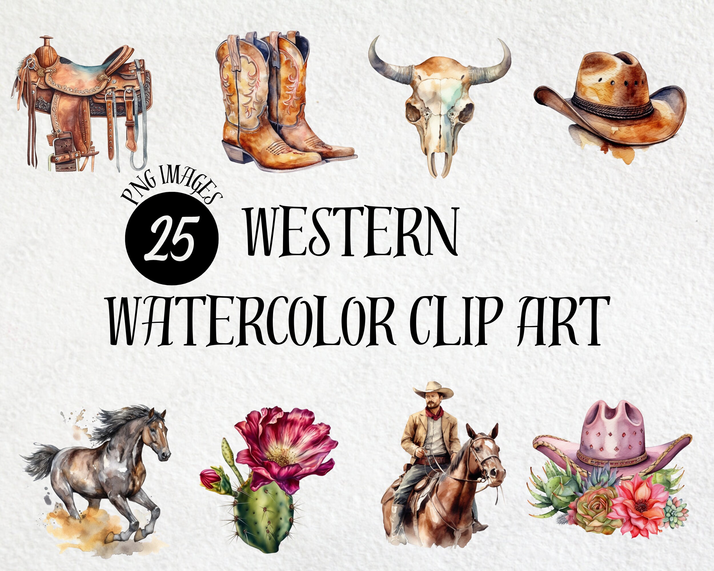 25 Western Watercolor Clip ART, Cowboy Ranch Watercolor Art, PNG ...