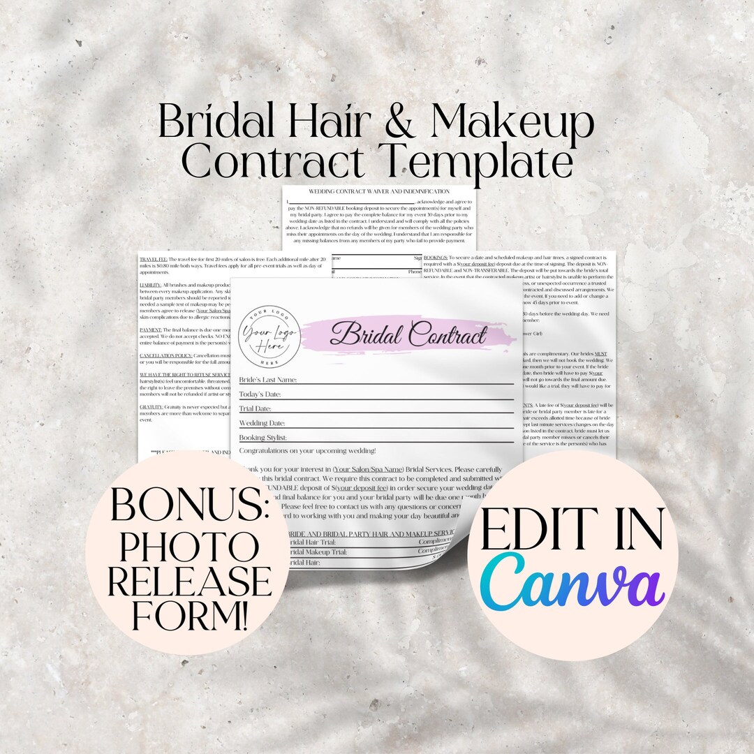 CUSTOMIZABLE BRIDAL CONTRACT, Canva Editable Wedding Templates, Bride ...