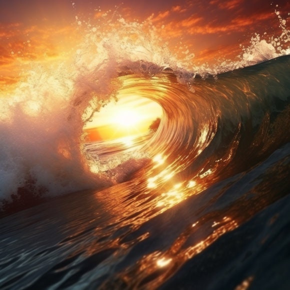 Large Ocean Digital Art Printsunset and Wave Crashing - Etsy