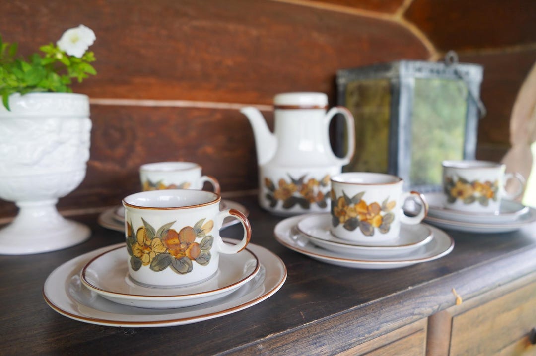 Vintage Brown Floral Pottery Tea Set With Tea Pot and 4 Trios/ Full ...