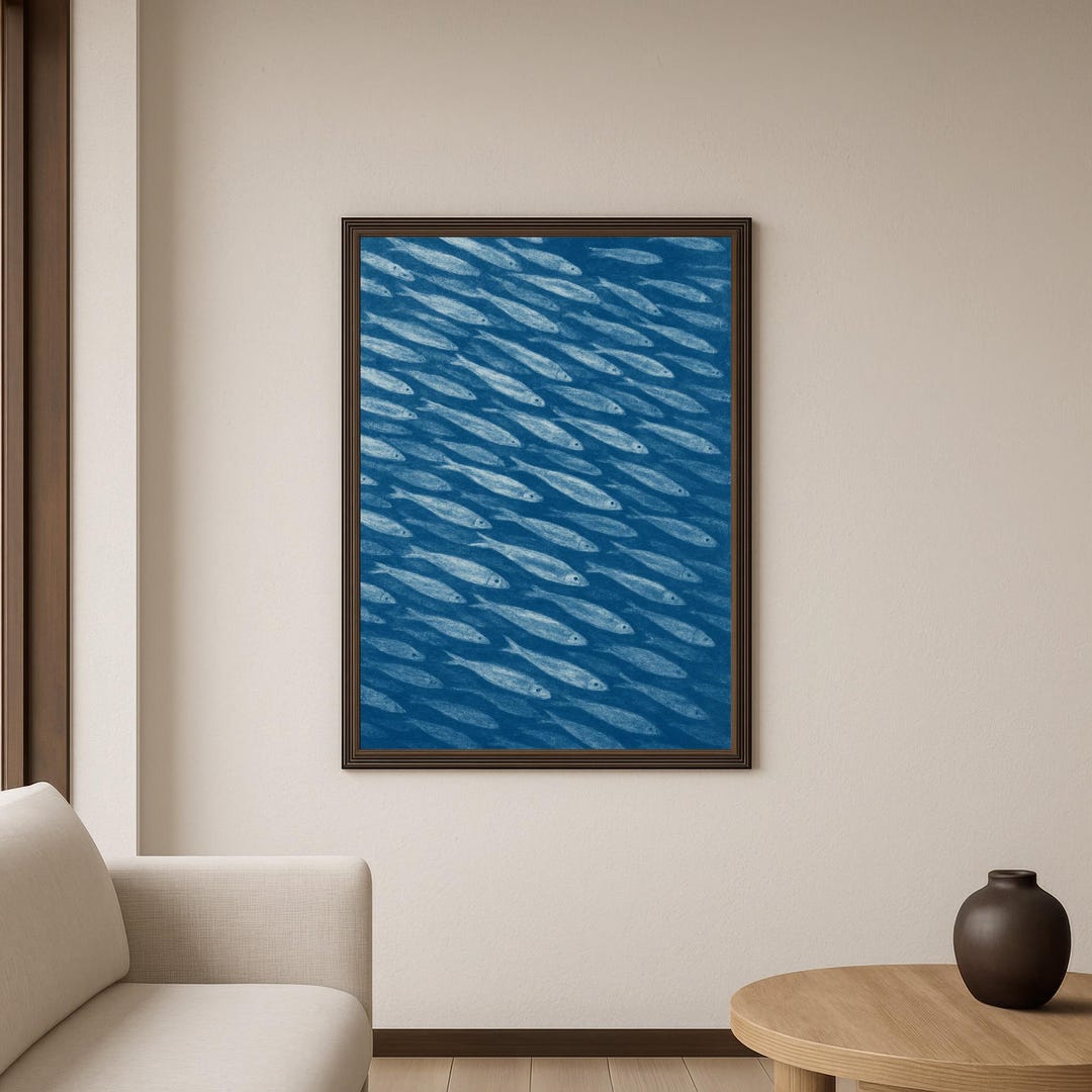 Cyanotype Fish Print, Blue Ocean School Wall Art, Minimalist Marine ...