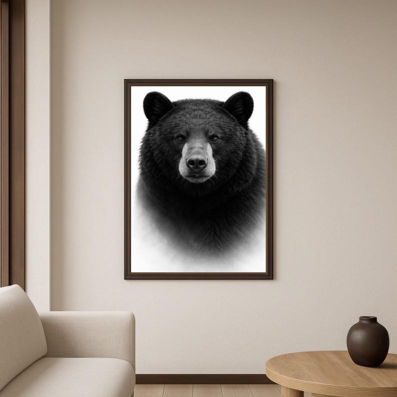 Black Bear Wall Art Print, Monochrome Wildlife Portrait, Minimalist ...