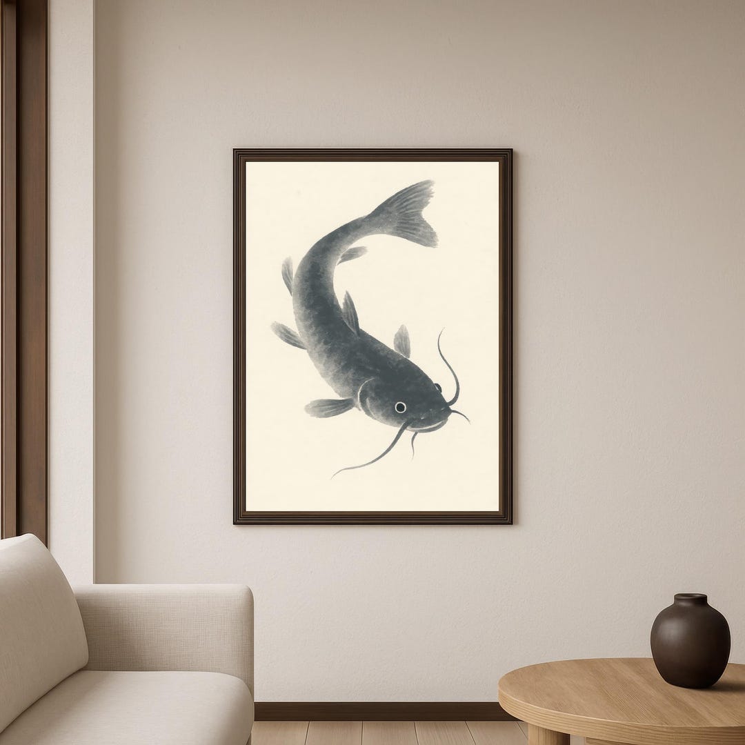 Catfish Ink Art Print, Sumi-e Fish Wall Decor, Japanese Minimalist ...
