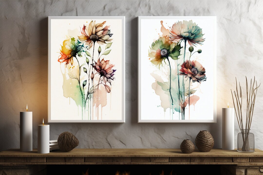 Watercolor Flowers Wall Art, Set of 2 Digital Download Prints, Flower ...