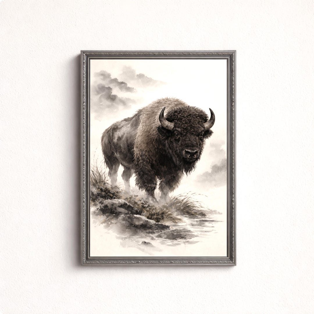Ink Wash Bison Wall Art, Rustic Western Wildlife Print, Minimalist ...