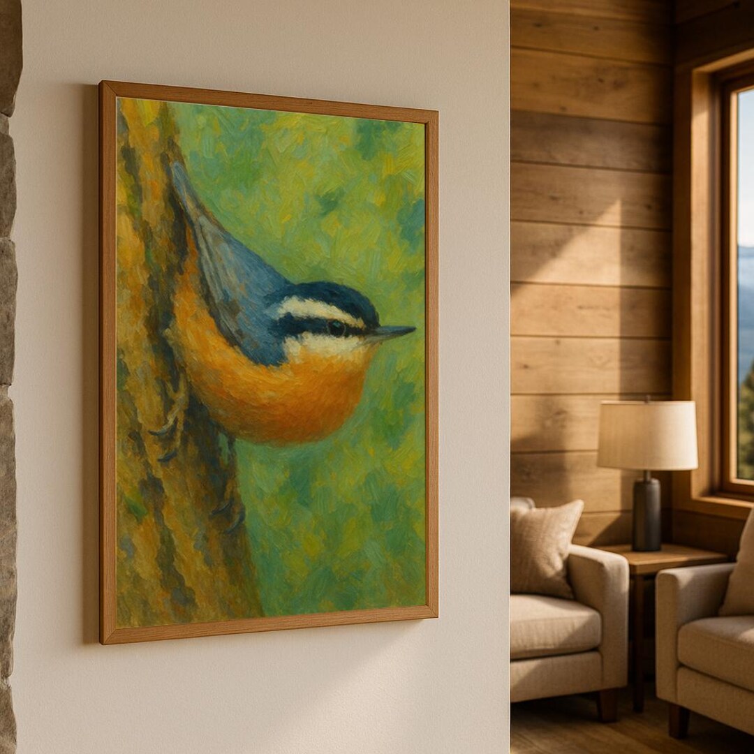 Red Breasted Nuthatch Print, Oil Style Bird Wall Art, Woodland Nature ...