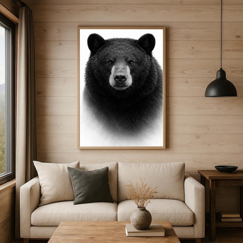 Black Bear Wall Art Print, Monochrome Wildlife Portrait, Minimalist ...