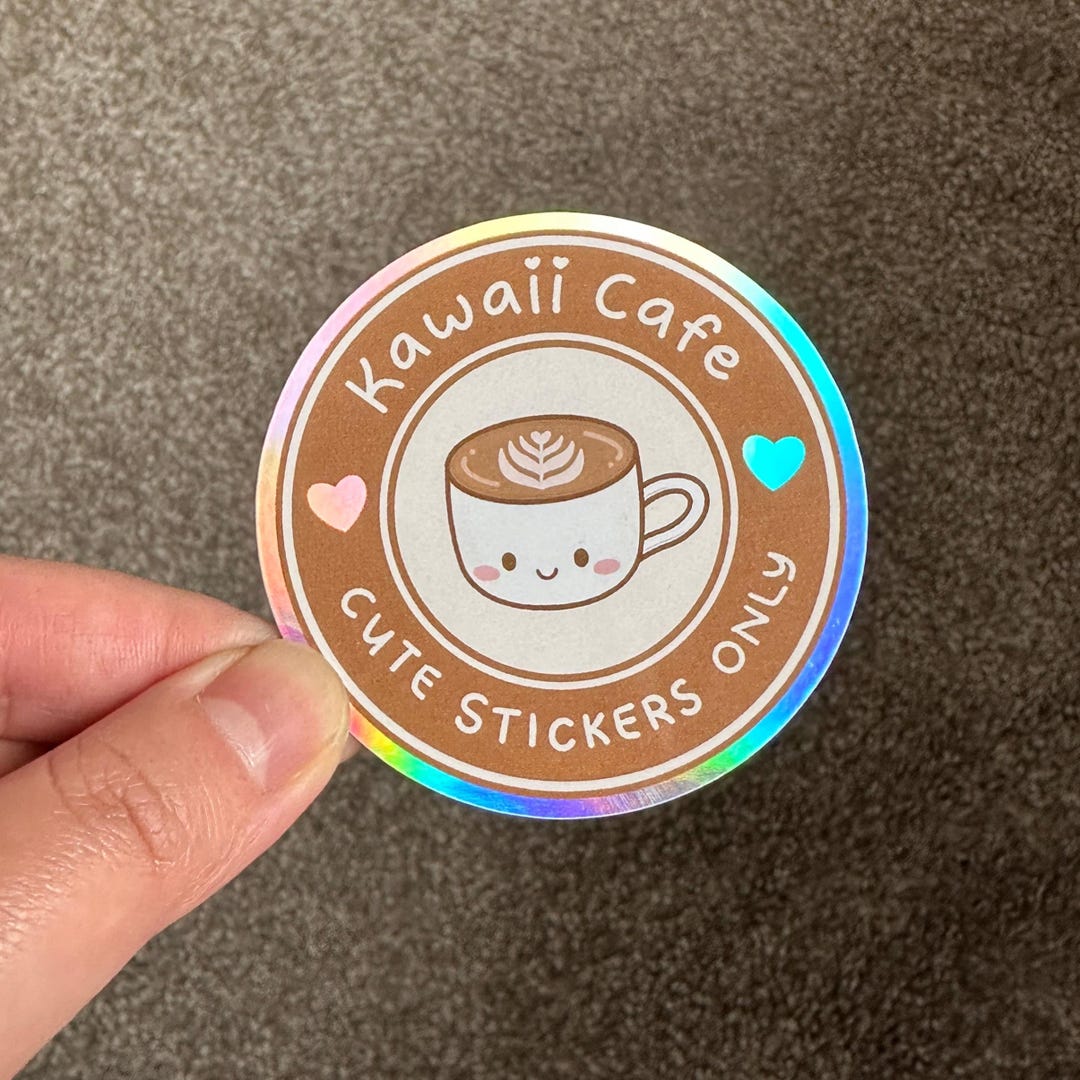Kawaii Cafe Logo Holographic Sticker | Coffee Shop Logo Sticker | Cafe ...