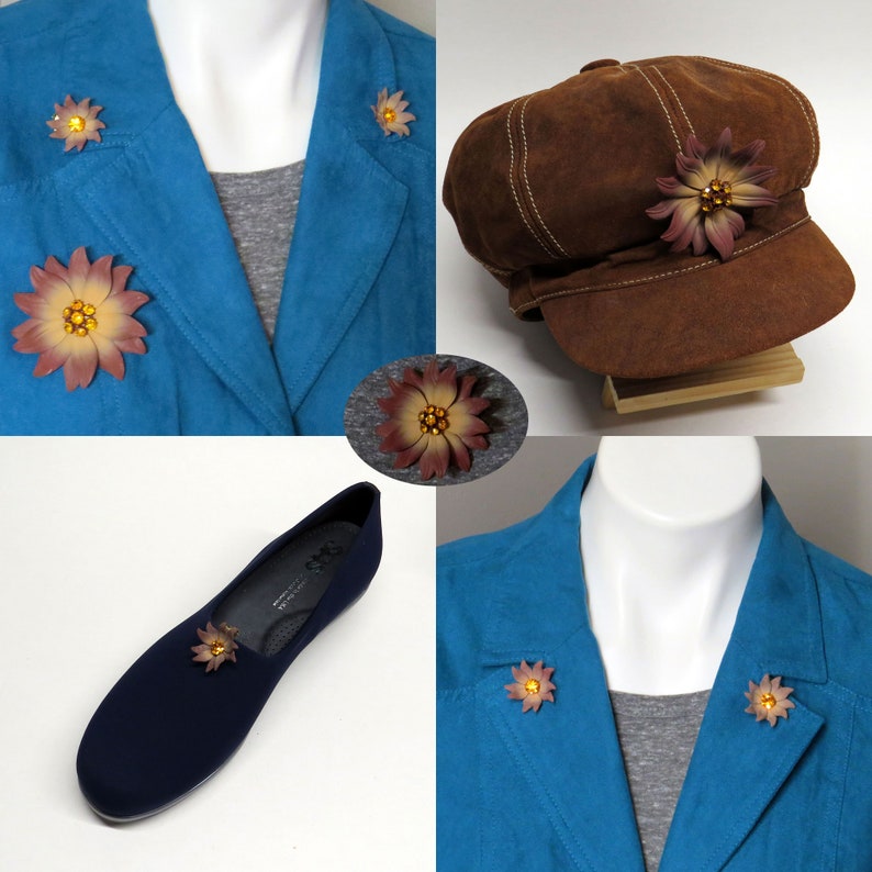 1960’s Floral 3D Brooch Pin and Clip-on Earring Set Golden Topaz Color ...