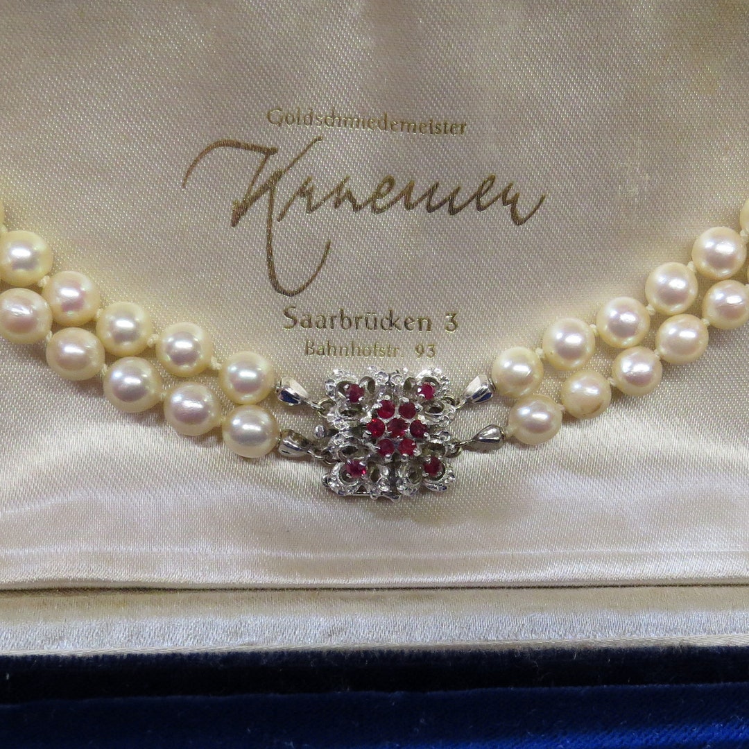 1960s German Necklace Double Strand Pearls With 11 Prong Set Rubies on ...
