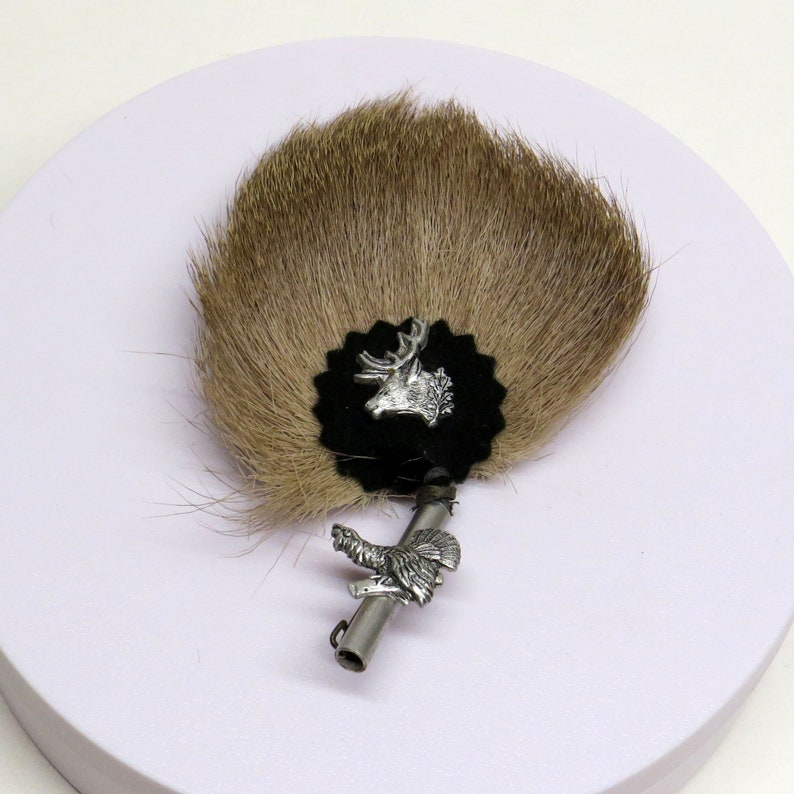 1950s German Bavarian Hat Pin Deer Tail Fur Pewter Stag and Pheasant ...