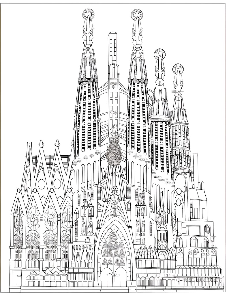 Sagrada Familia, Barcelona, Spain, Architecture Drawing, Coloring Sheet ...