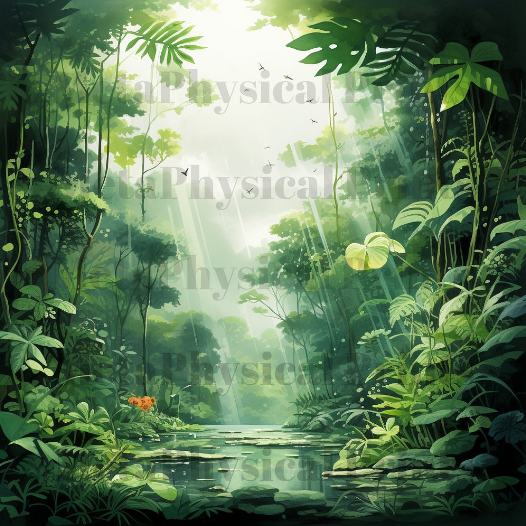 Tropical Rain Forest Digital Backdrop, Green Lush Jungle Watercolor ...