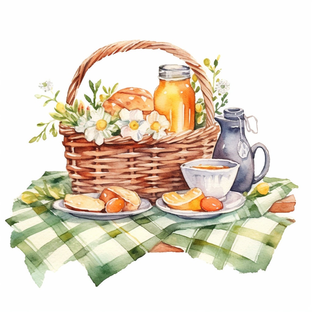 Food Drink Picnic Clipart Bundle, Watercolor Summer Spring Picnic Party ...