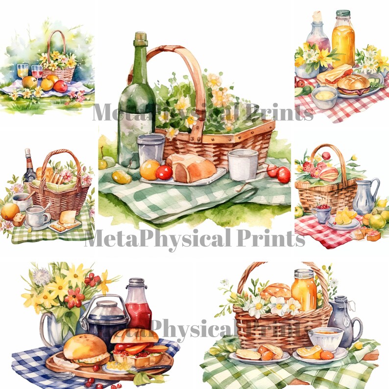 Food Drink Picnic Clipart Bundle, Watercolor Summer Spring Picnic Party ...