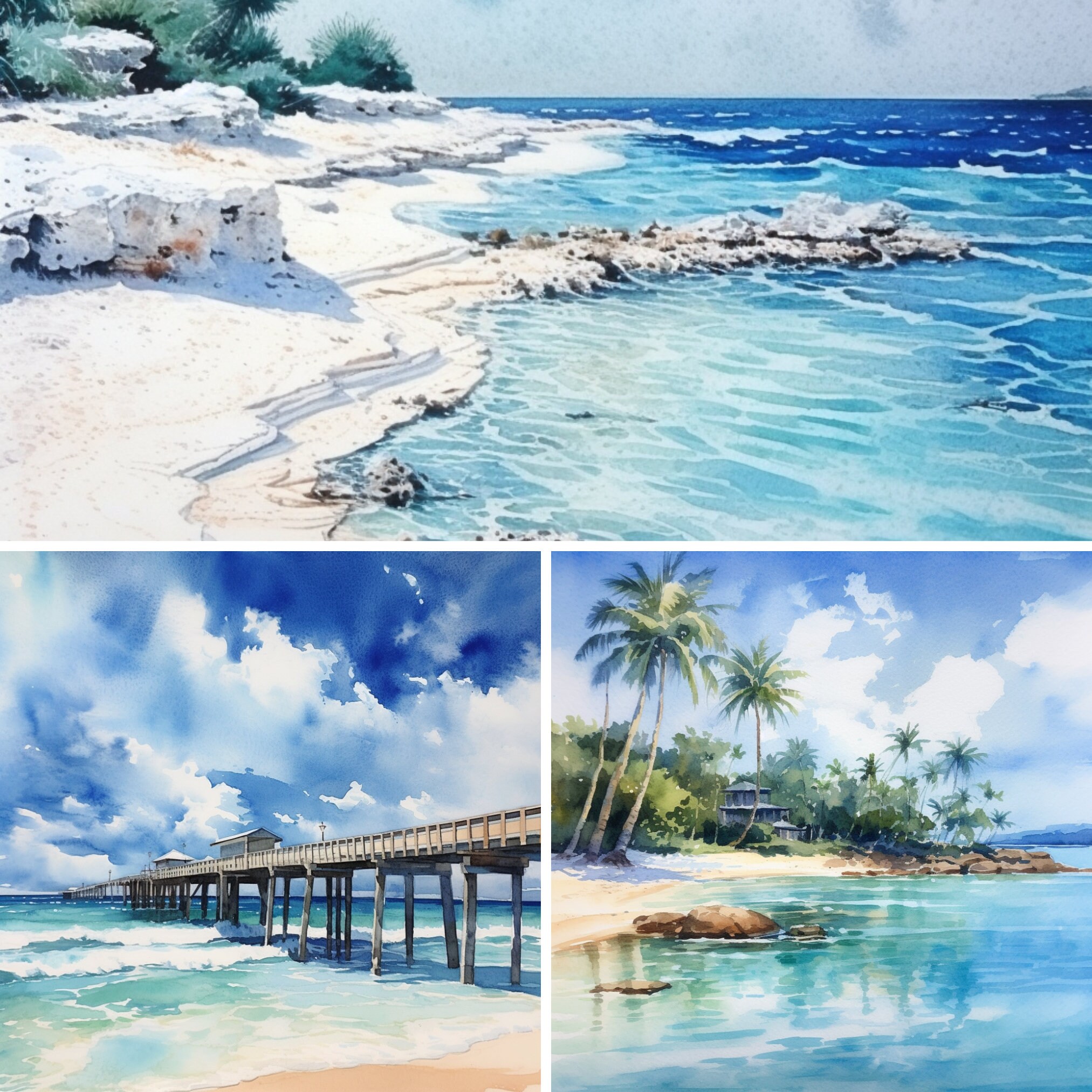 Stunning Ocean Beach Scenes, Light Blue Summer Dock Side Waterfront ...