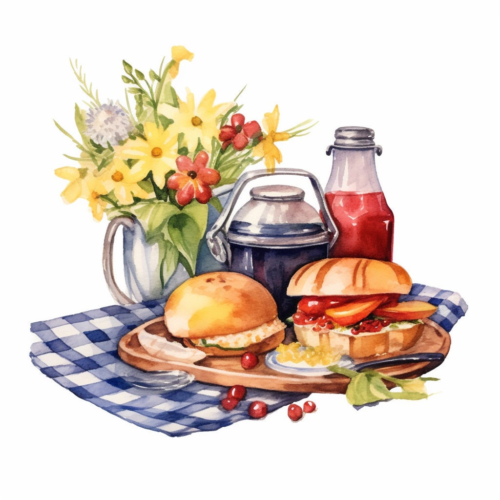 Food Drink Picnic Clipart Bundle, Watercolor Summer Spring Picnic Party ...
