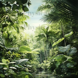 Tropical Rain Forest Digital Backdrop, Green Lush Jungle Watercolor ...