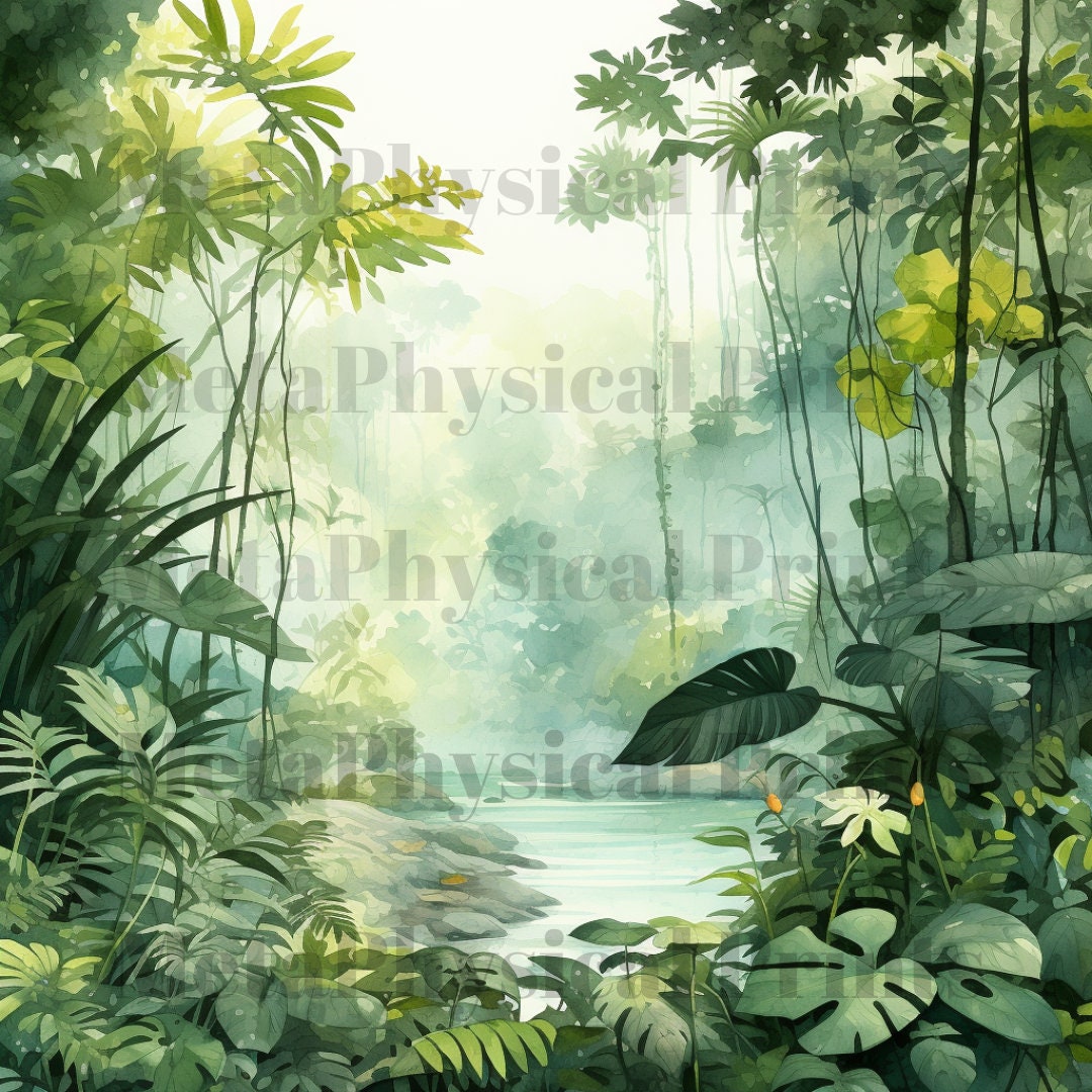 Tropical Rain Forest Digital Backdrop, Green Lush Jungle Watercolor ...