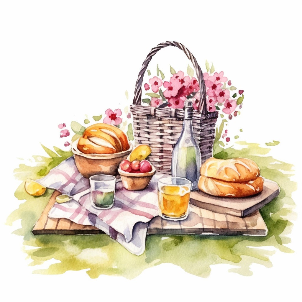 Food Drink Picnic Clipart Bundle, Watercolor Summer Spring Picnic Party ...