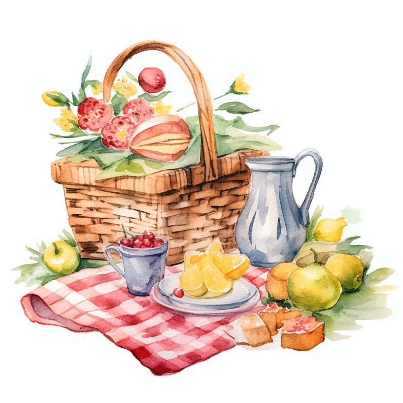Food Drink Picnic Clipart Bundle, Watercolor Summer Spring Picnic Party ...