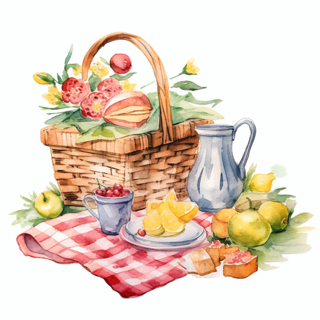 Food Drink Picnic Clipart Bundle, Watercolor Summer Spring Picnic Party ...