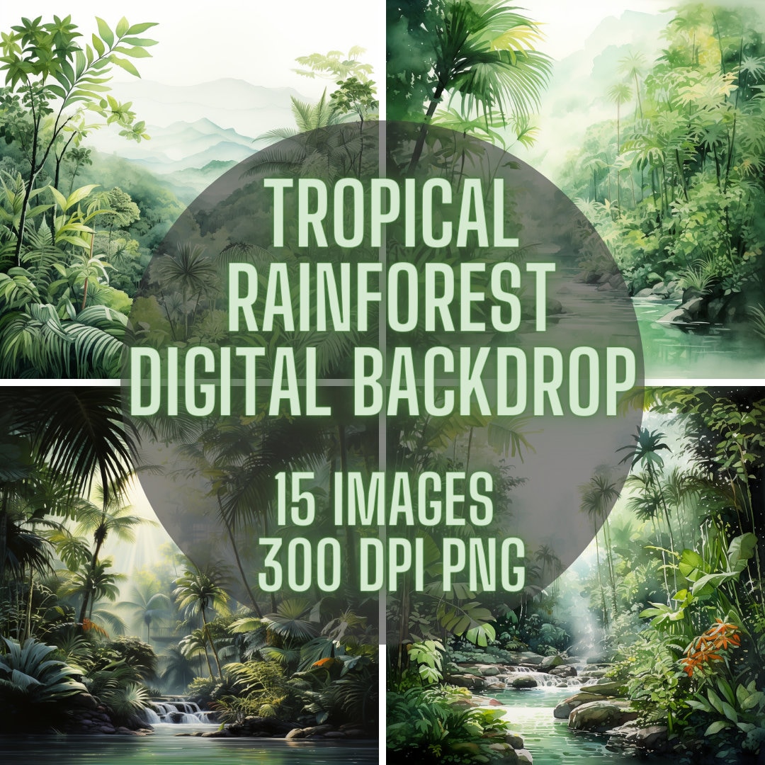 Tropical Rain Forest Digital Backdrop, Green Lush Jungle Watercolor ...