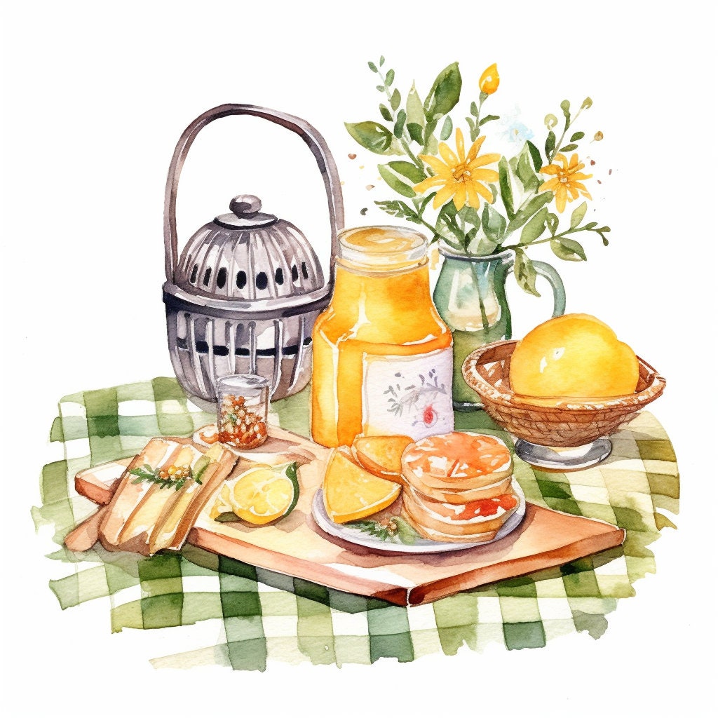 Food Drink Picnic Clipart Bundle, Watercolor Summer Spring Picnic Party ...