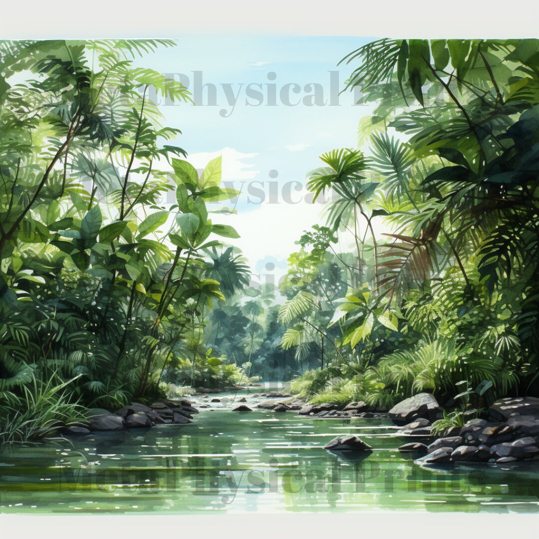Tropical Rain Forest Digital Backdrop, Green Lush Jungle Watercolor ...