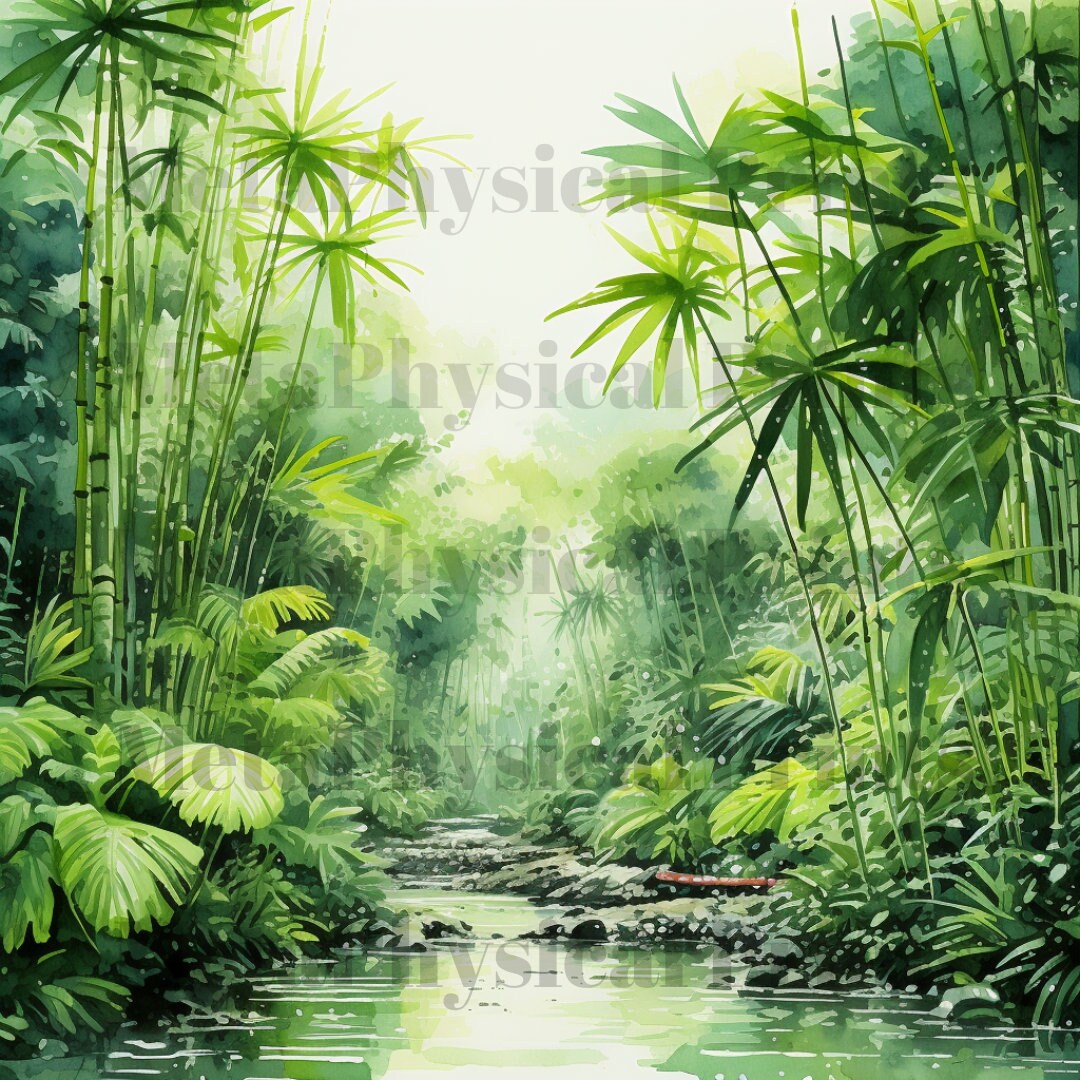 Tropical Rain Forest Digital Backdrop, Green Lush Jungle Watercolor ...