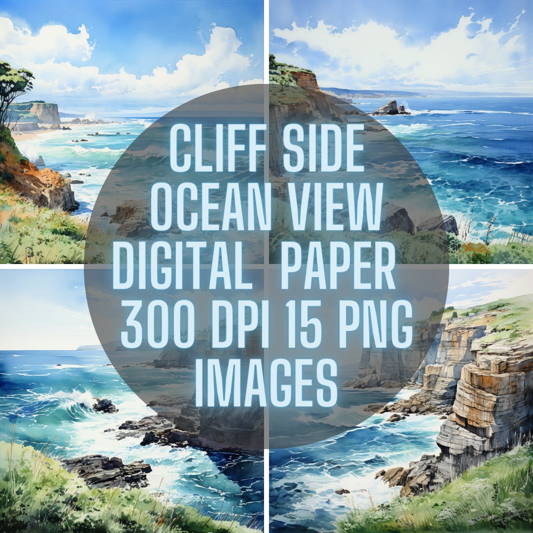 Cliff Side Ocean View Scenes, Green Grass Light Blue Water Clipart ...