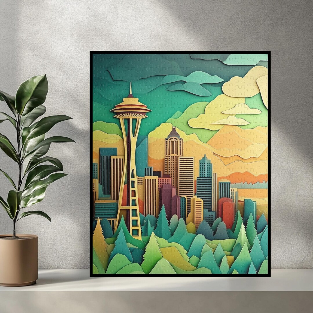 Seattle Puzzle, Artistic Seattle Skyline Jigsaw, Watercolor Paper Art ...