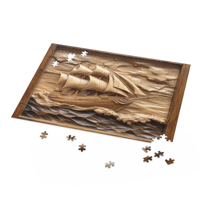 Sailing Ship Puzzle, Wood Carved Effect Style Nautical Jigsaw, Rustic ...
