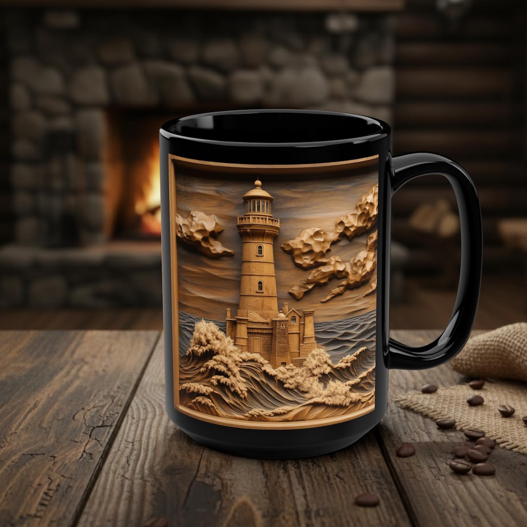 Lighthouse Mug, Rustic Wood Carved Style Print Effect Nautical Coffee ...