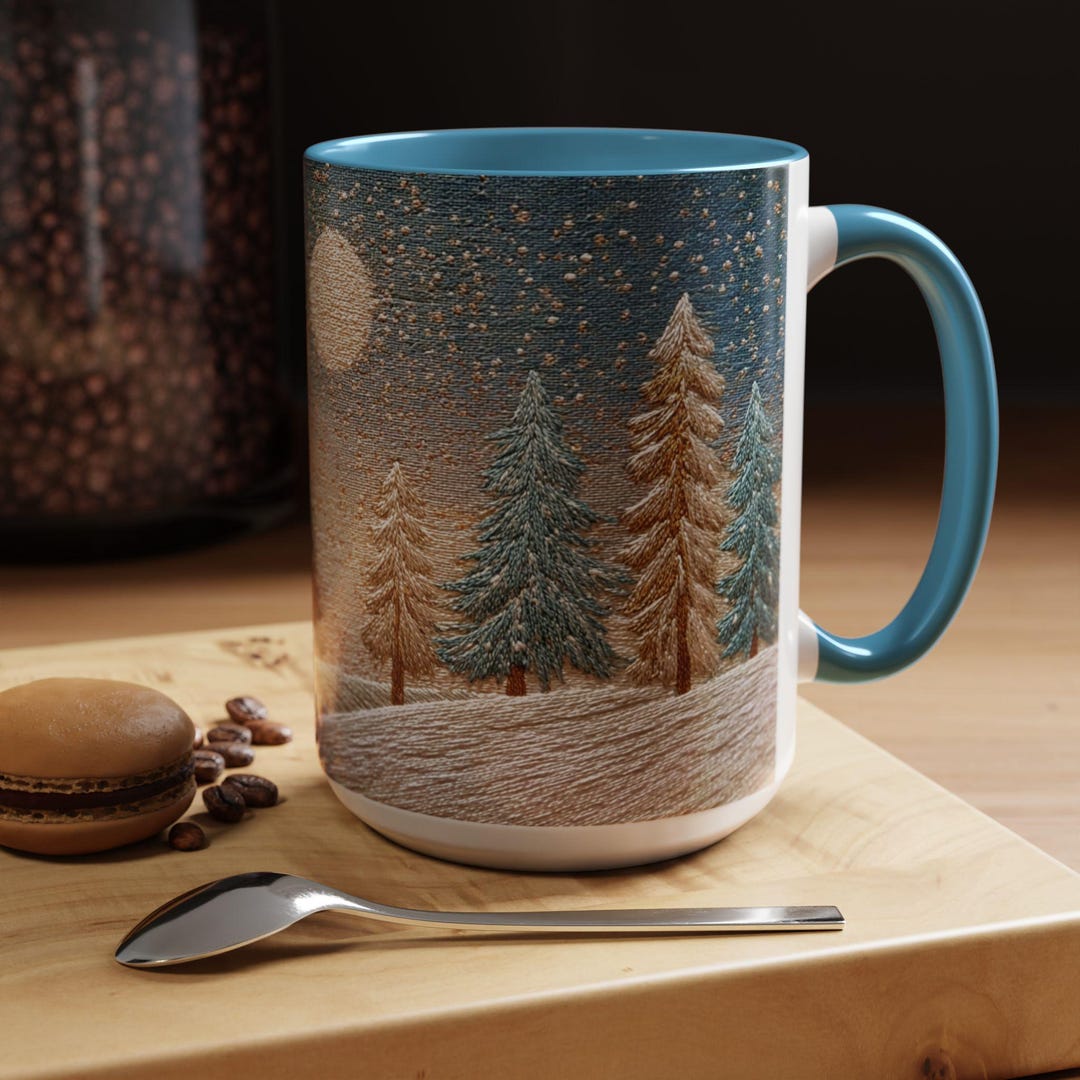 Winter Pines Mug, Christmas Snow Forest Coffee Mug, Cozy Thread Effect ...